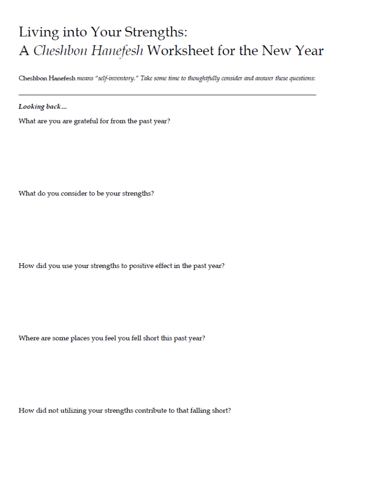 Living into Your Strengths: A Cheshbon Hanefesh Worksheet for the New ...